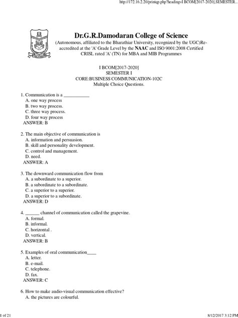Communication Mcqs Pdf Communication Information