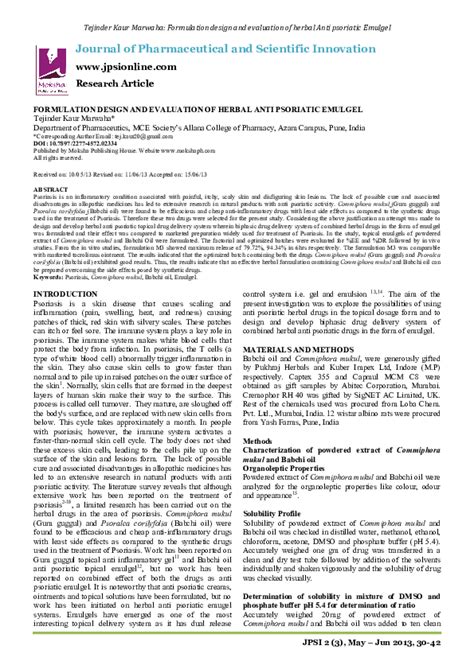 Pdf Formulation Design And Evaluation Of Herbal Anti Psoriatic Emulgel
