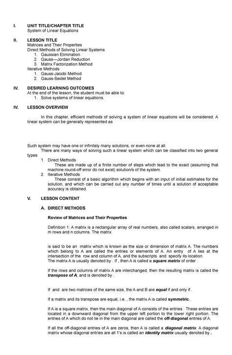 Direct Methods Of Solving Linear Systems I Unit Titlechapter Title System Of Linear