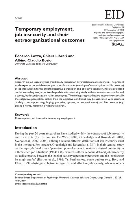 Pdf Temporary Employment Job Insecurity And Their Extraorganizational Outcomes