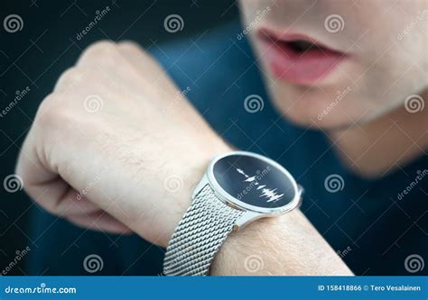 Voice Recording Or Speech Recognition Technology In Smart Watch Man Talking To Smartwatch Mic