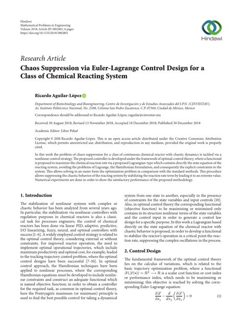 Pdf Chaos Suppression Via Euler Lagrange Control Design For A Class