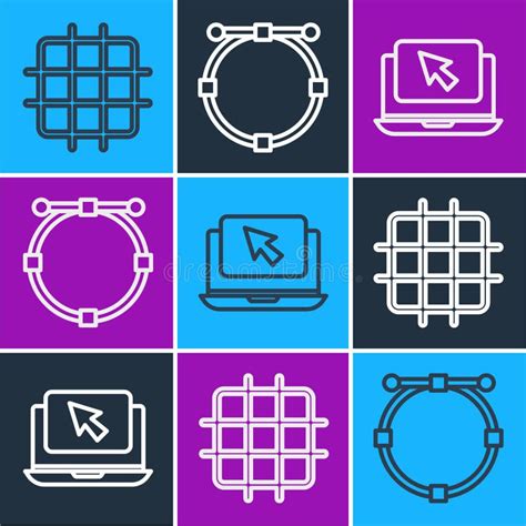 Set Line Grid Graph Paper Laptop And Cursor And Circle With Bezier Curve Icon Vector Stock