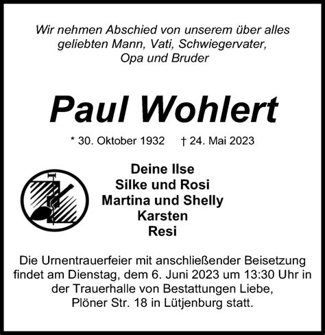 Traueranzeigen Von Paul Wohlert Trauer Anzeigen De