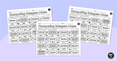 comparing integers math mazes teach starter