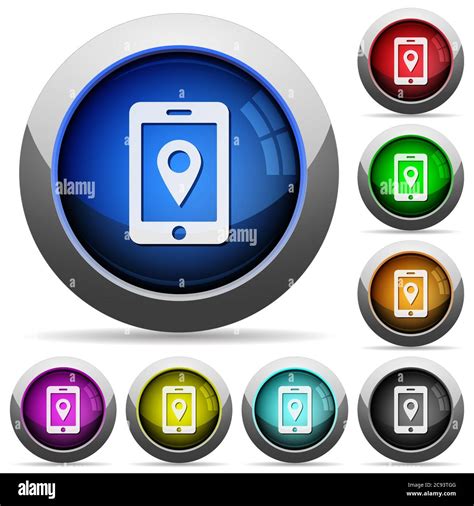 Mobile Navigation Icons In Round Glossy Buttons With Steel Frames Stock