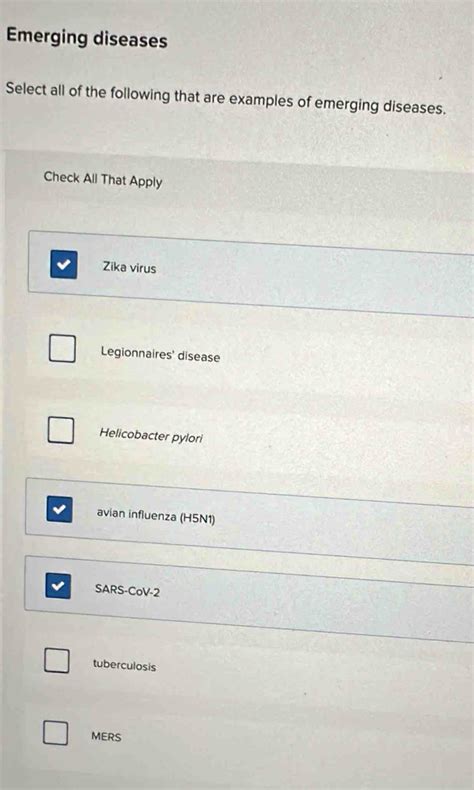 Solved Emerging Diseases Select All Of The Following That Are Examples Of Emerging Diseases