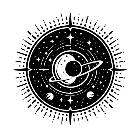 Intricate Black White Cosmic Celestial Planets Rings Stars Bursting Energy A Stellar Symbolic