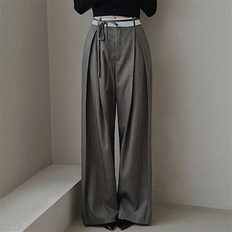 S L 스트랩 리본 배색 핀턱 와이드 슬랙스 팬츠 2color 에이블리