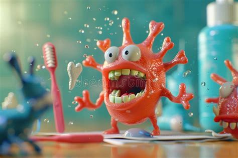 Tooth Bacteria Caries Cartoon Character With Toothbrush Generative Ai
