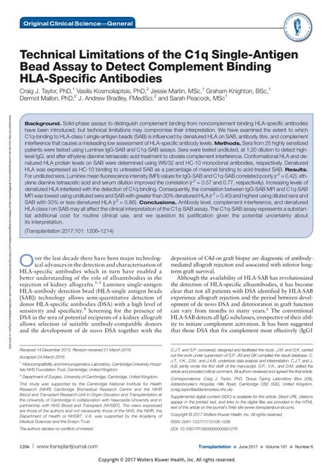 Pdf Technical Limitations Of The C1q Single Antigen Bead Assay To Detect Complement Binding