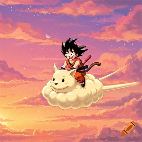 Goku From Dragon Ball Rides The Flying Nimbus Cloud Through A Vibrant