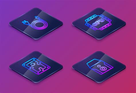 아이소메트릭 라인 전기 플러그 하드 디스크 드라이브 Hdd Cpu가 있는 프로세서 및 무정전 전원 공급 장치를 설정합니다 파란색