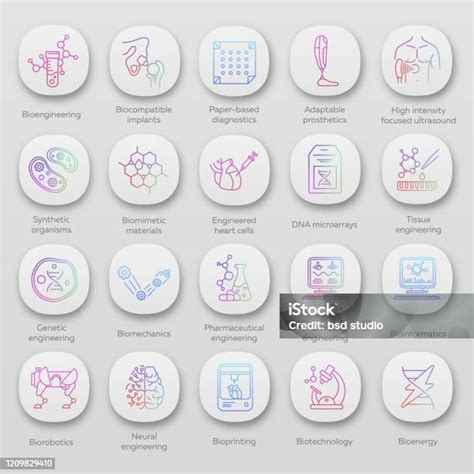 생명 공학 응용 프로그램 아이콘 세트 생명 공학 질병 진단 및 치료 유전 공학 ai ui ux 사용자 인터페이스 웹 또는 모바일
