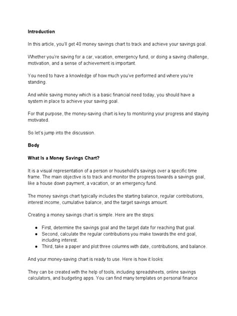 Money Saving Chart First Draft Pdf