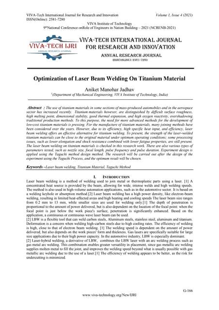 Optimization Of Laser Beam Welding On Titanium Material Pdf