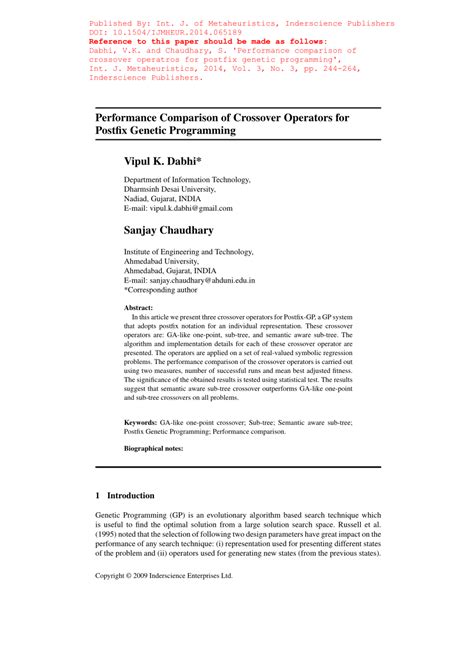 Pdf Performance Comparison Of Crossover Operators For Postfix Genetic