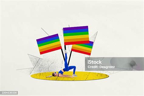 스포티 한 소녀 스트레치 Lgbt 무지개 깃발의 복합 콜라주 그림 이미지 크리 에이 티브 배경에 고립 30 34세에 대한 스톡 사진 및 기타 이미지 Istock