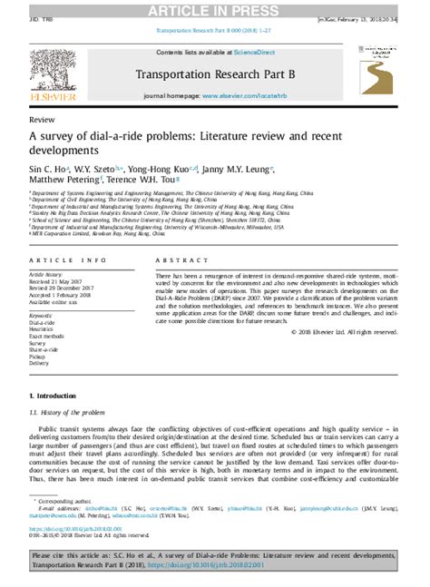 pdf a survey of dial a ride problems literature review and recent