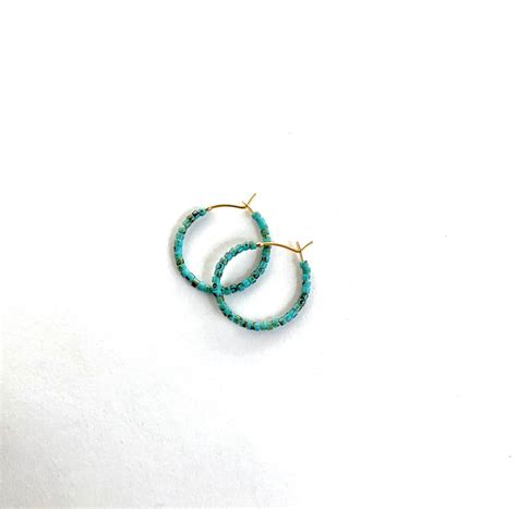 Small Turquoise Beaded Hoop Earrings Turquoise Seed Bead Hoops Beaded