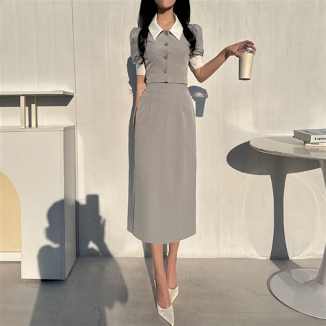 에이홉 익프 배색 카라 반팔 퍼프 숏 자켓 And 뒷트임 롱 스커트 셋업 여름 하객룩 데이트룩 데일리룩 하이웨스트 여름정장 블라우스