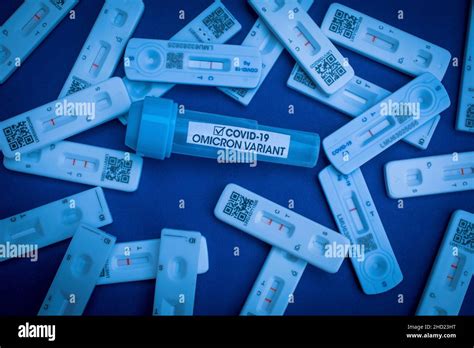 Omicron COVID 19 Variant And Rapid Antigen Self Testing Kit Focus On Test Tube Concept Of