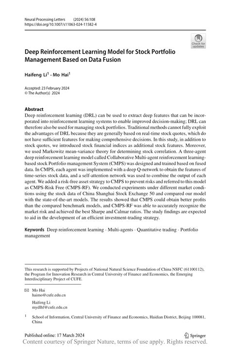 pdf deep reinforcement learning model for stock portfolio management