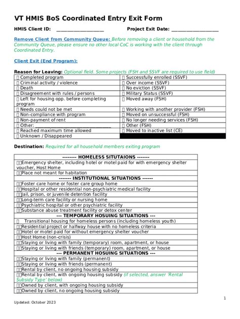 Vt Hmis Bos Coordinated Entry Exit Doc Template Pdffiller