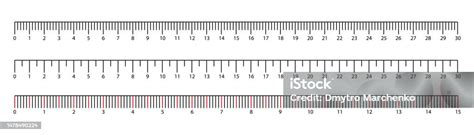눈금자 스케일 세트 30cm 센티미터 밀리미터 인치 및 미터법 눈금자 눈금자 표시 센티미터 밀리미터 및 인치의 눈금으로 측정 줄자 표시 벡터 그림 30에 대한 스톡 벡터