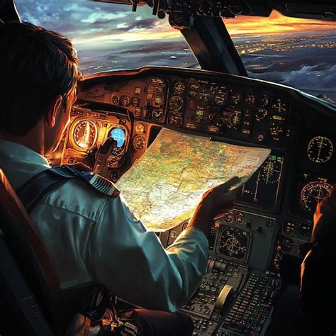 A Trainee Pilot Learning To Navigate Using A Flight Map And GPS System In The Cockpit Premium