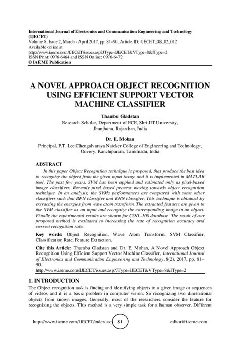 Pdf A Novel Approach Object Recognition Using Efficient Support