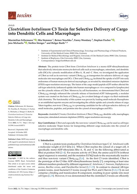 Pdf Clostridium Botulinum C3 Toxin For Selective Delivery Of Cargo Into Dendritic Cells And