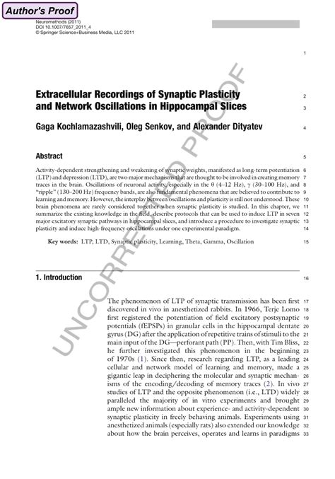 Pdf Extracellular Recordings Of Synaptic Plasticity And Network Oscillations In Hippocampal Slices
