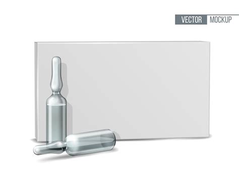 흰색 패키지에 투명한 유리 의료 앰플 주사용 약물이 있는 앰플의 현실적인 3d 모형 유리병의 빈 템플릿입니다 벡터 일러스트 레이 션 프리미엄 벡터