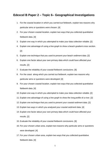 Edexcel B Gcse Geography Paper 2 Fieldwork Revision Pack Teaching Resources