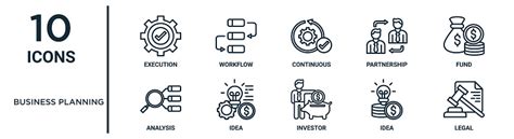 사업 계획 개요 아이콘 세트에는 보고서 프리젠테이션 다이어그램 웹 디자인에 대한 가는 선 실행 연속 자금 아이디어 아이디어 법률 분석 아이콘이 포함됩니다 0명에 대한 스톡