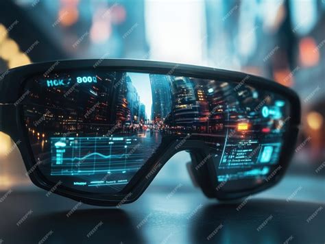 Smart Glasses Displaying Data In Futuristic Urban Setting Premium Ai Generated Image