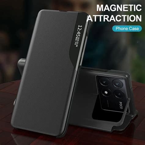 Smart Side View Leather Flip Phone Case For Xiaomi Poco X Pro G Magnetic Holder Stand