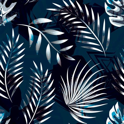 Abstract Blue Palm Leaves And Foliage Seamless Pattern On Dark Background Tropical Pattern