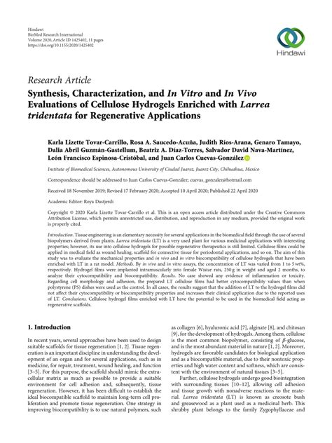 Pdf Synthesis Characterization And In Vitro And In Vivo Evaluations Of Cellulose Hydrogels