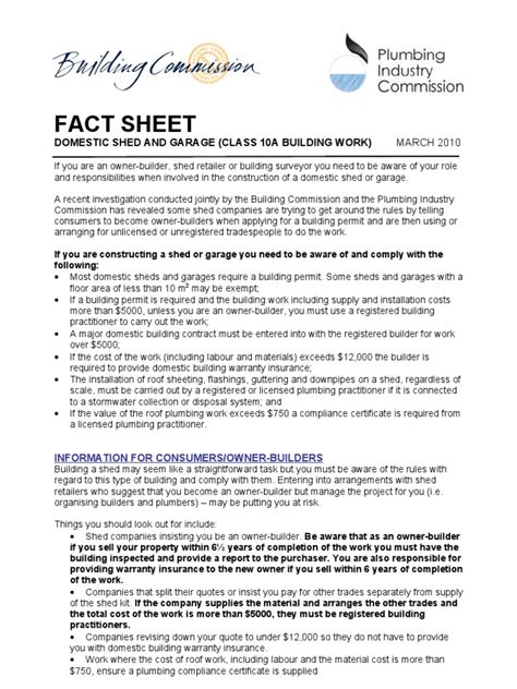 class 10a building fact sheet march 2010 shed plumbing free 30