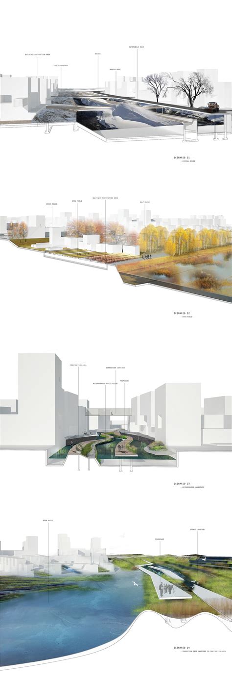 Four Different Views Of Water And Trees In The Same Area Each With Their Own Color Scheme