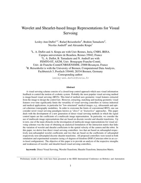 Pdf Wavelet And Shearlet Based Image Representations For Visual Servoing