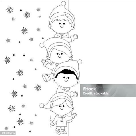 크리스마스 의상을 입고 빈 현수막을 든 아이들 벡터 흑백 색칠 페이지입니다 일러스트레이션에 대한 스톡 벡터 아트 및 기타 이미지 일러스트레이션 크리스마스 페이지 책