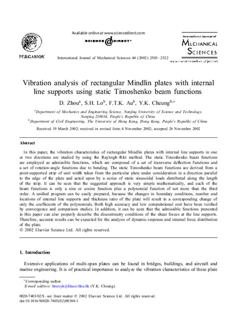 Pdf Vibration Analysis Of Mindlin Plates With Internal Supports