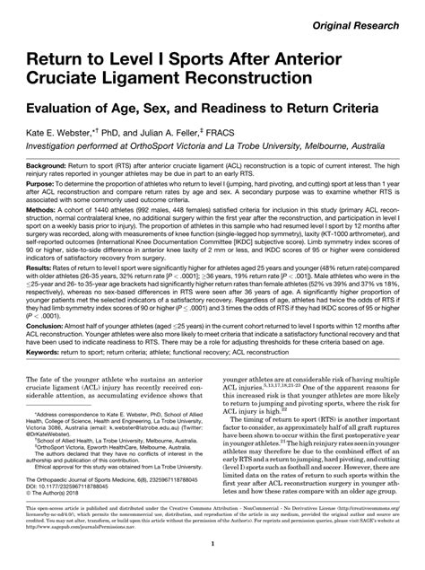 Pdf Return To Level I Sports After Anterior Cruciate Ligament
