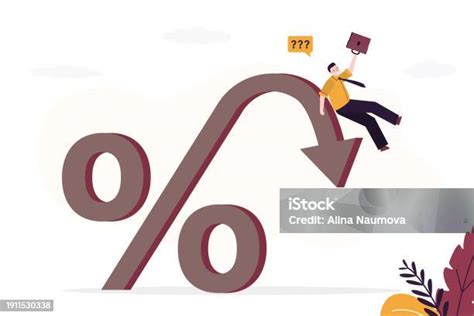 Businessman Falls From Giant Percentage Sign With Falling Down Interest