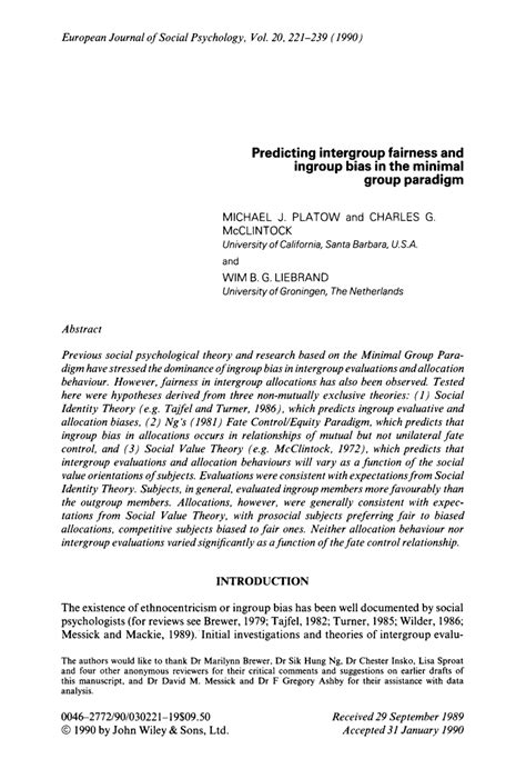 Pdf Predicting Intergroup Fairness And Ingroup Bias In The Minimal Group Paradigm