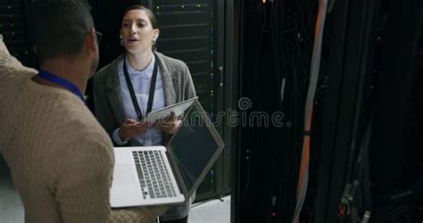 Teamwork Management And Data Center Woman And Man With Tablet Laptop