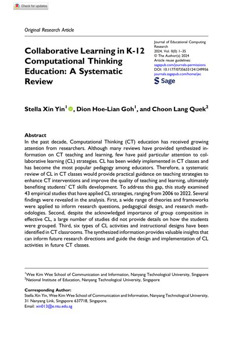 Pdf Collaborative Learning In K 12 Computational Thinking Education